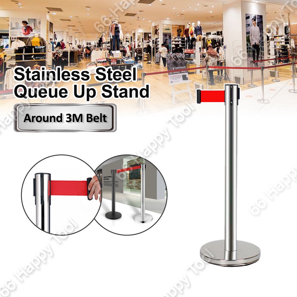 90CM Queue Up Stand Stainless Steel Retractable 3Meter Belt Barrier ...
