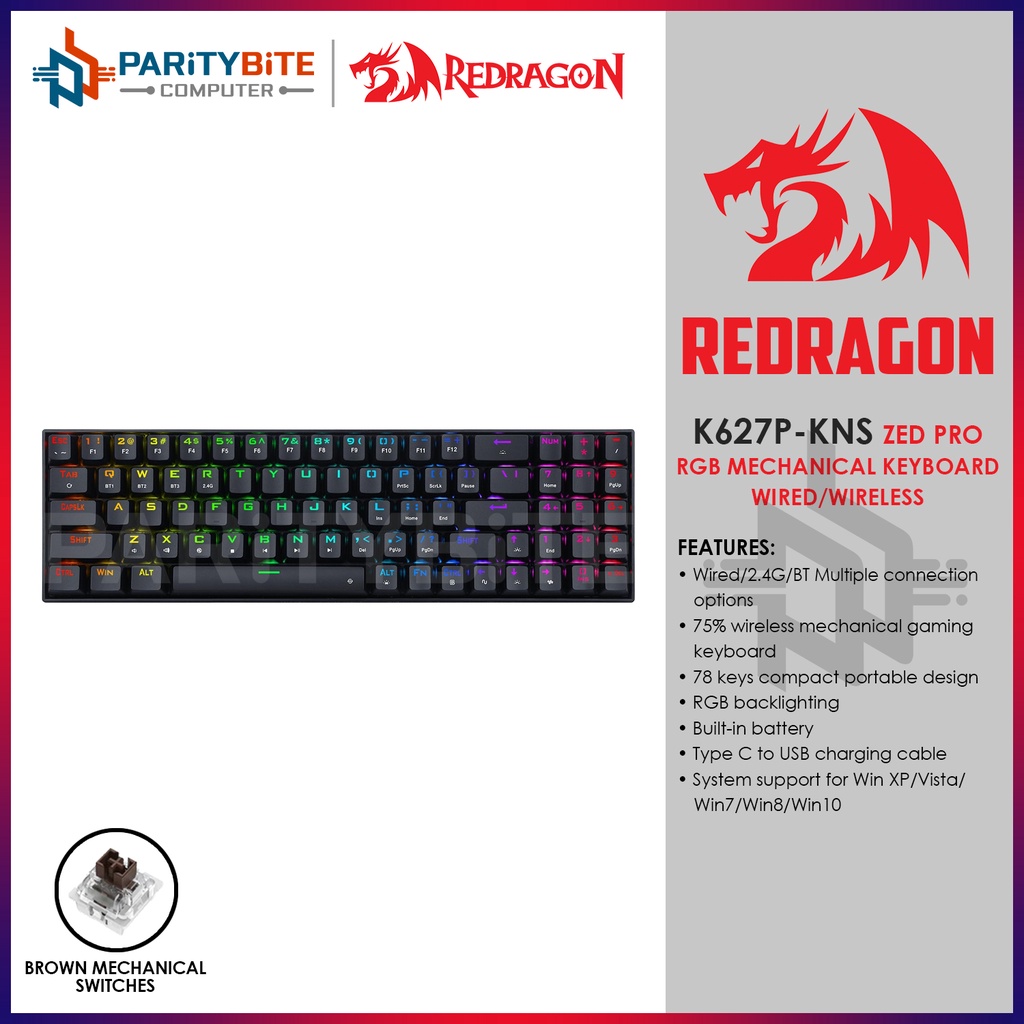 Redragon Zed Pro K627P Brown Switch 75% Compact RGB Wireless Mechanical ...