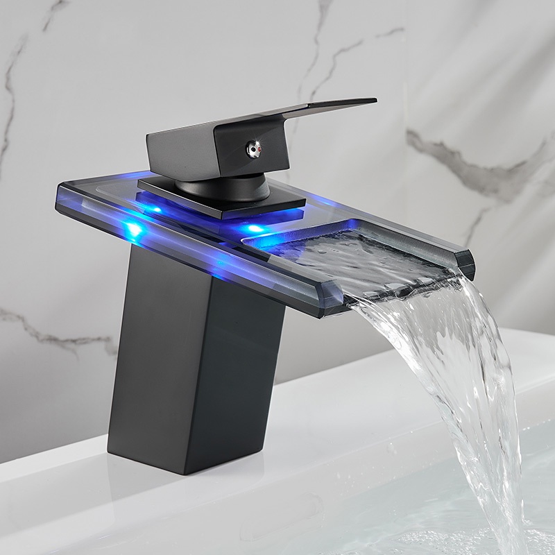 LED Basin Faucet Brass Waterfall Temperature Colors Change Bathroom ...