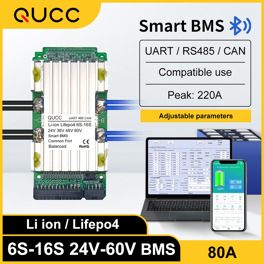 Qucc Smart BMS 6S-16S 80A with Bluetooth UART 485 CAN 7S 8S 10S 12S 13S ...