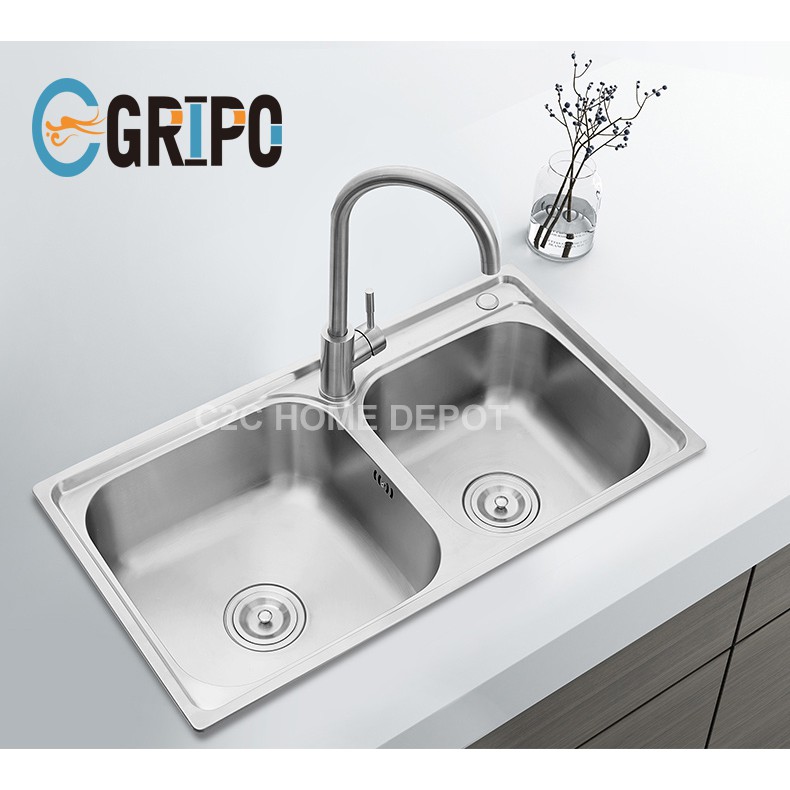 GRIPO 304 stainless Thick type kitchen sink 2 bowls GP7843SS | Shopee ...