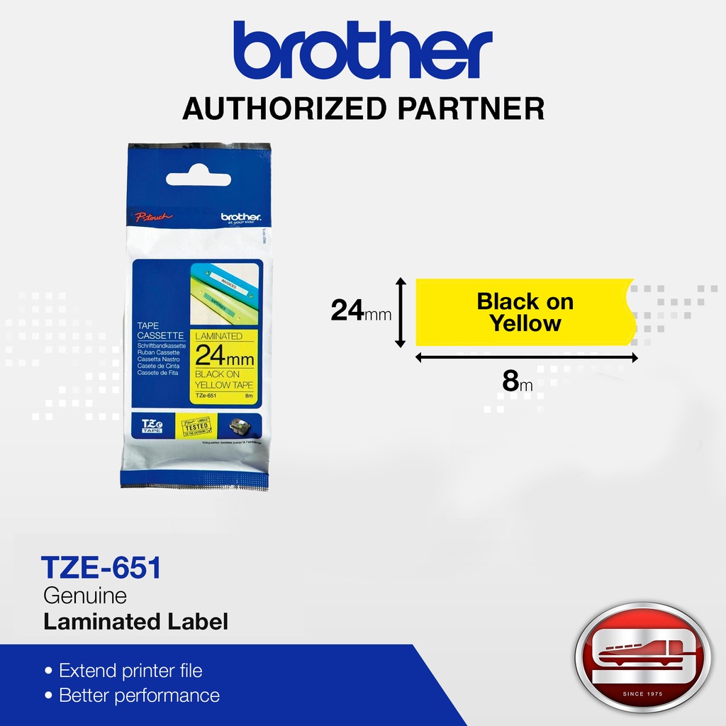 Brother TZe-651 Black on Yellow 24mm Labelling Tape (100% Original ...
