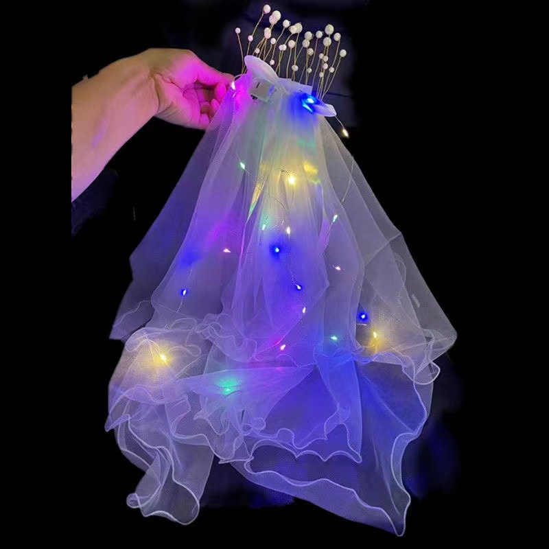 Double-layer LED Lighting Veil Crown Bowknot Pearl Lighted Birthday ...