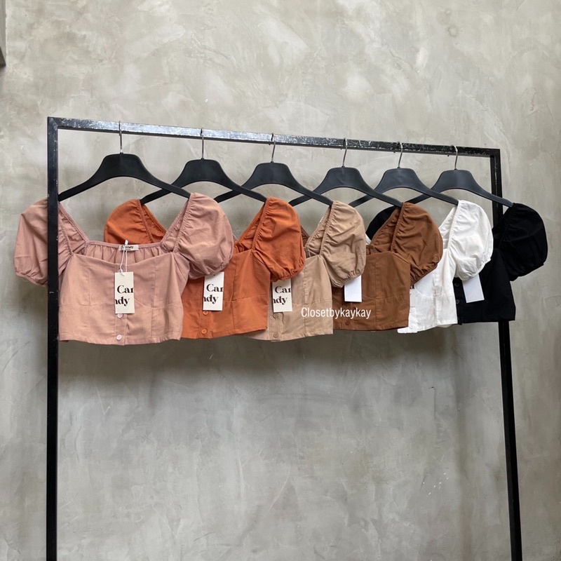 Linen Buttoned Puff Sleeve Crop Top | closetbykaykay | Shopee Philippines