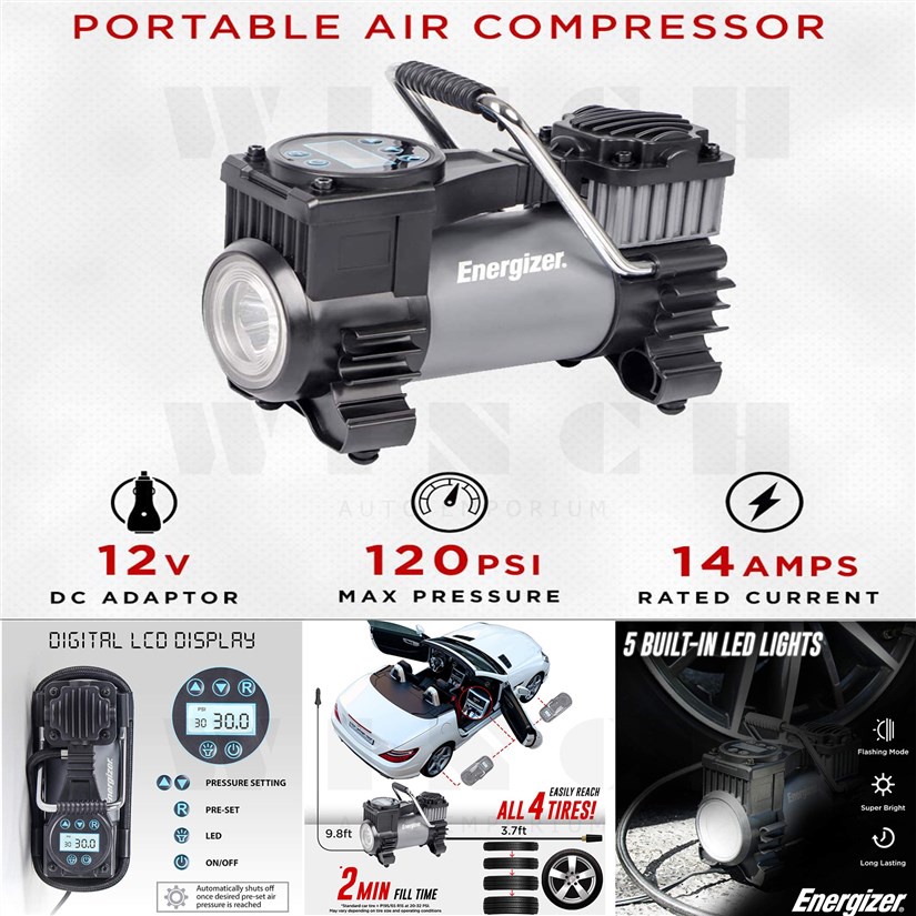 Energizer Portable Air Compressor 12 volts Lighter Plug Tire Inflator ...