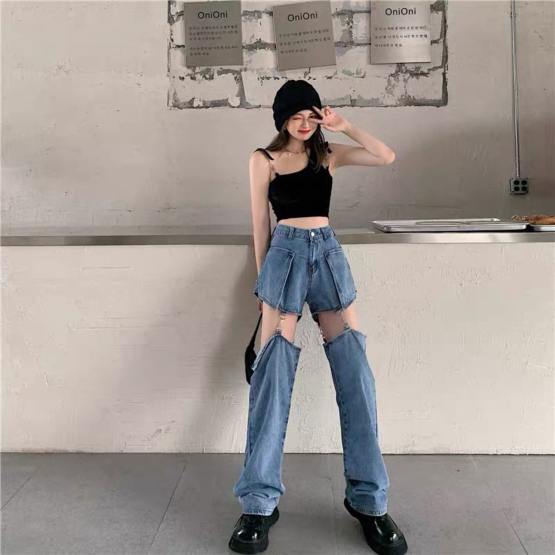 Ulzzang high-waisted split-leg jeans | Shopee Philippines
