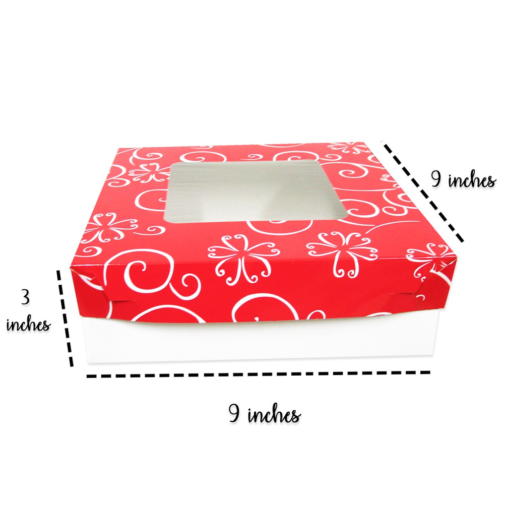 Pastry Cake Box 9x9x3, 10x10x3 inches Red Cover with Design and Window ...