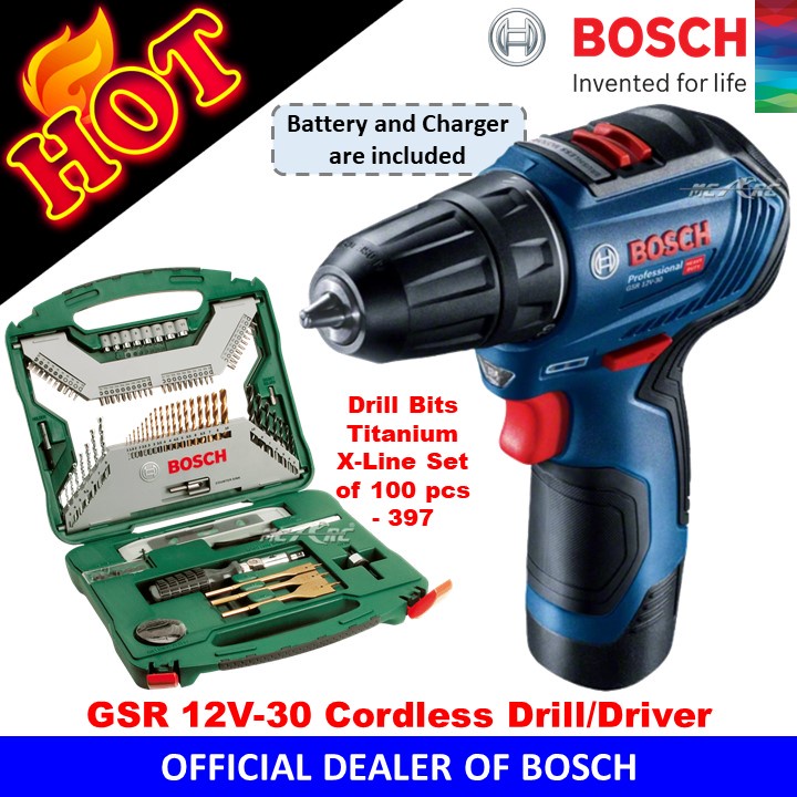 Bosch GSR 12V-30 Cordless Drill/Driver with Bosch Drill Bits Titanium X ...
