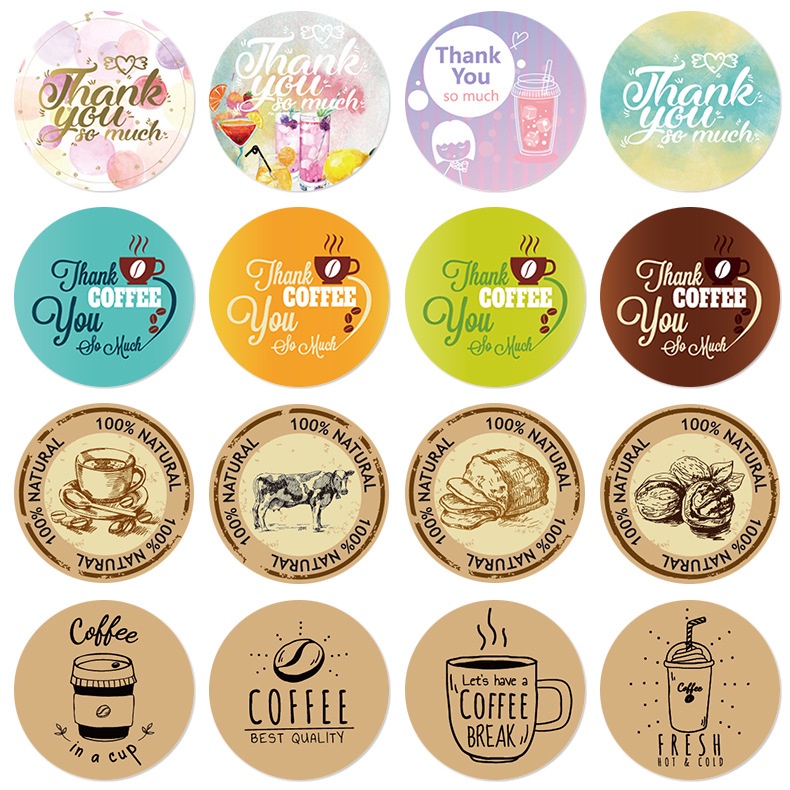 【2Rolls/1000pcs】 Milk Tea Coffee Cup Stickers Food Packaging Bread Bag ...