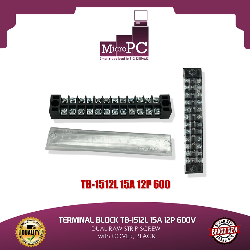 TERMINAL BLOCK TB-1512L 15A 12P 600V DUAL RAW STRIP SCREW with COVER ...
