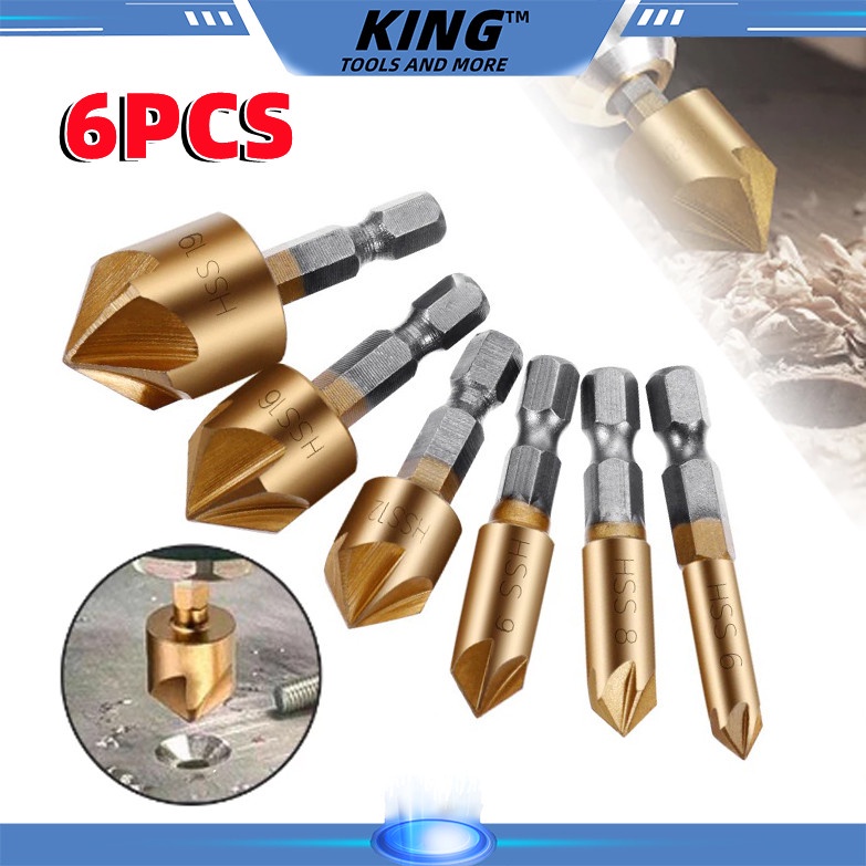 6Pcs HSS Chamfer Countersink Drill Bit Set 1/4'' Hex Shank 5 Flute ...