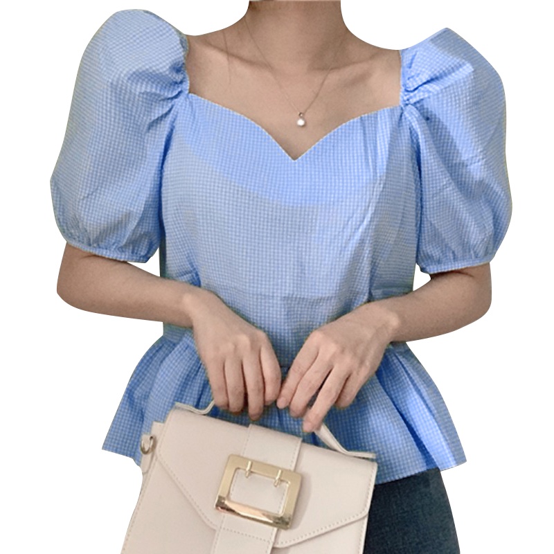 Vonda Women Korean V-Neck Puff Short Sleeve Plaid Pleated Blouse ... Vonda Women Korean V-Neck Puff Short Sleeve Plaid Pleated Blouse ...