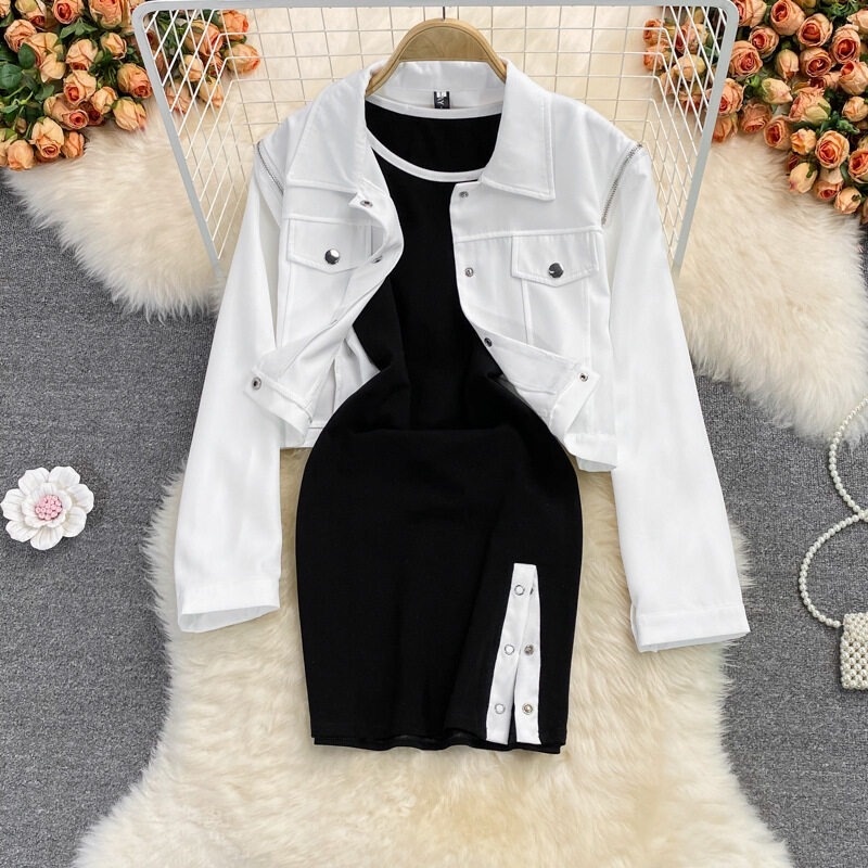 Retro Short Coat Two Piece Sets Women Korean Casual Suits Summer Black