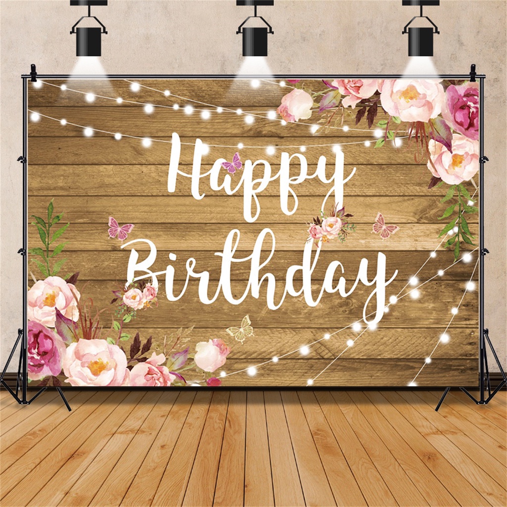 Brown Wooden Board Photo Background Spring Pink Flowers Happy Birthday ...