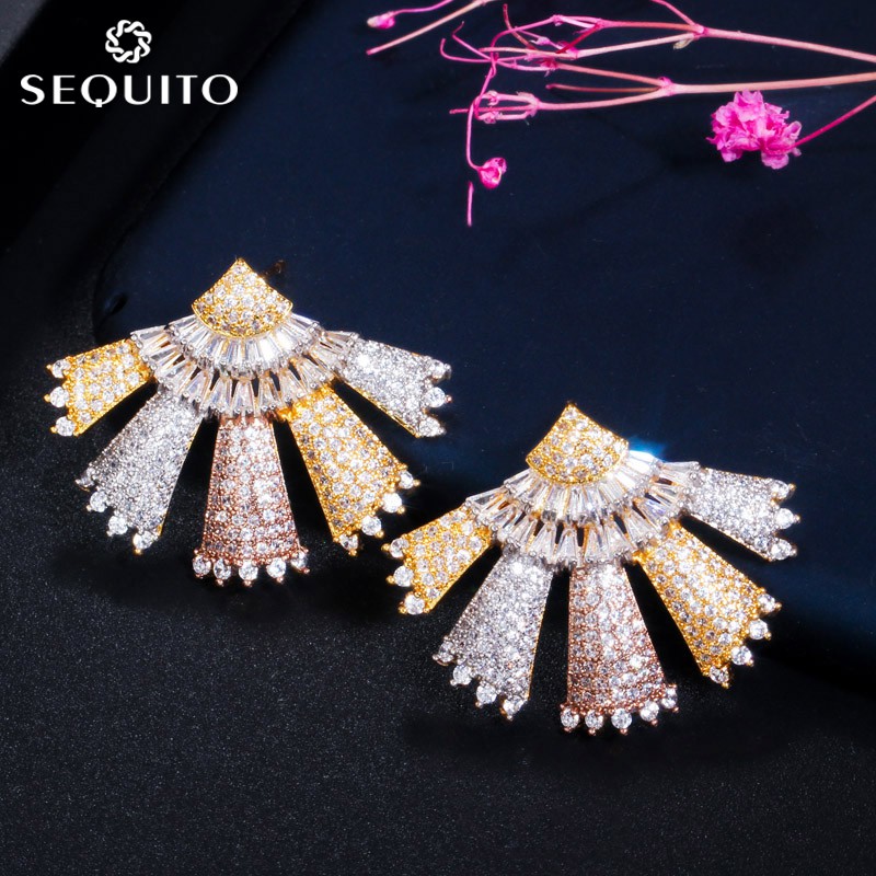 SEQUITO European Style Creative 3 Tone Gold Shine CZ Crystal Fan Leaf ...