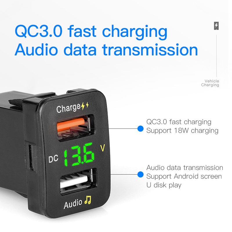 Audio Output Dual Port Car USB Input Charger With Voltmeter Led QC 3.0 ...