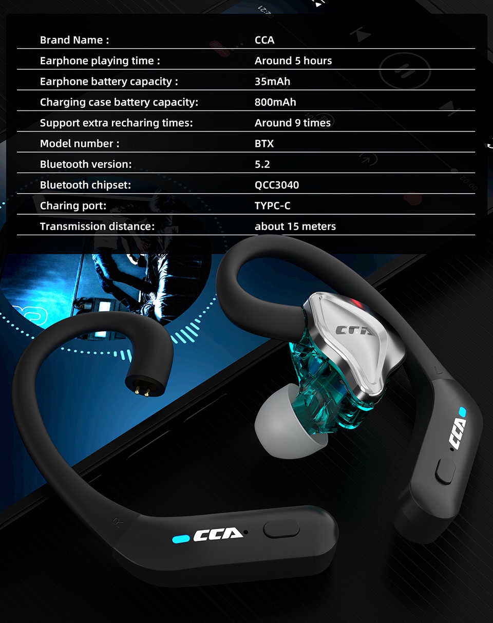 CCA BTX Bluetooth-Compatible 5.2 True Wireless Earphones Ear Hook ...