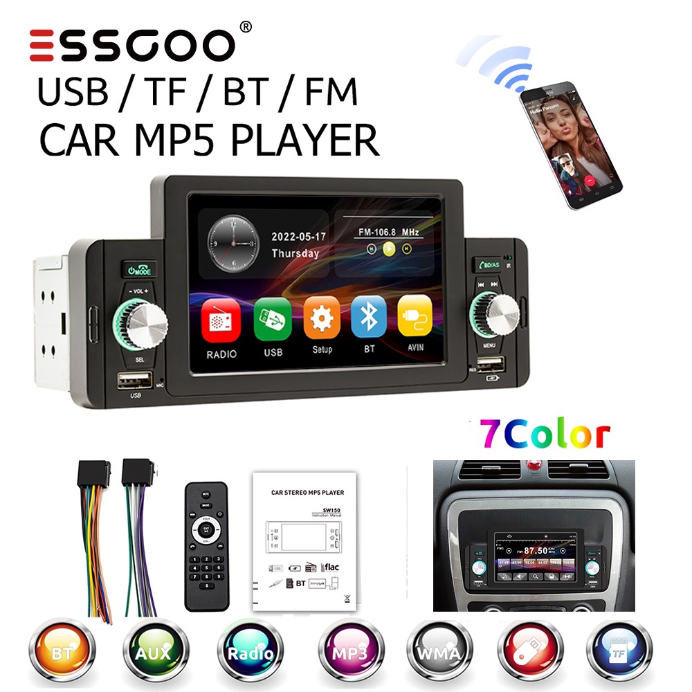 ESSGOO 5'' inch MP5 Player 1 Din Car Stereo Radio IPS Touch Screen Car ...