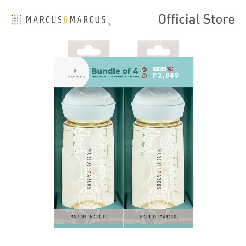 Marcus and Marcus Bundle of 4 300ml PPSU Transition Feeding Bottle with Natural Feeding Nipples ...