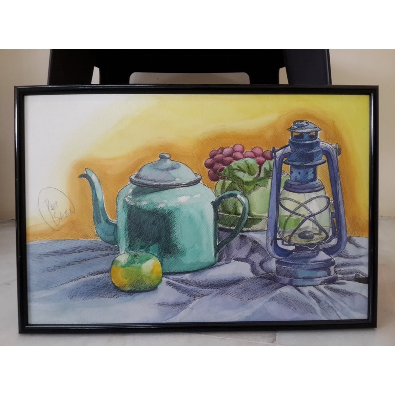 A3 size watercolor drawing still life with photo frame wall hanging ...