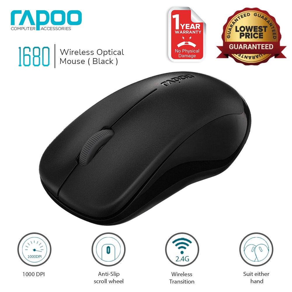Rapoo 1680 Silent Wireless Mouse for Laptop PC USB 2.4G 1000DPI ...