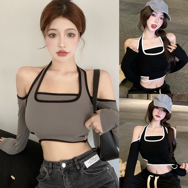 Women's sexy off-the-shoulder cropped top halter neck fake two-piece t ...