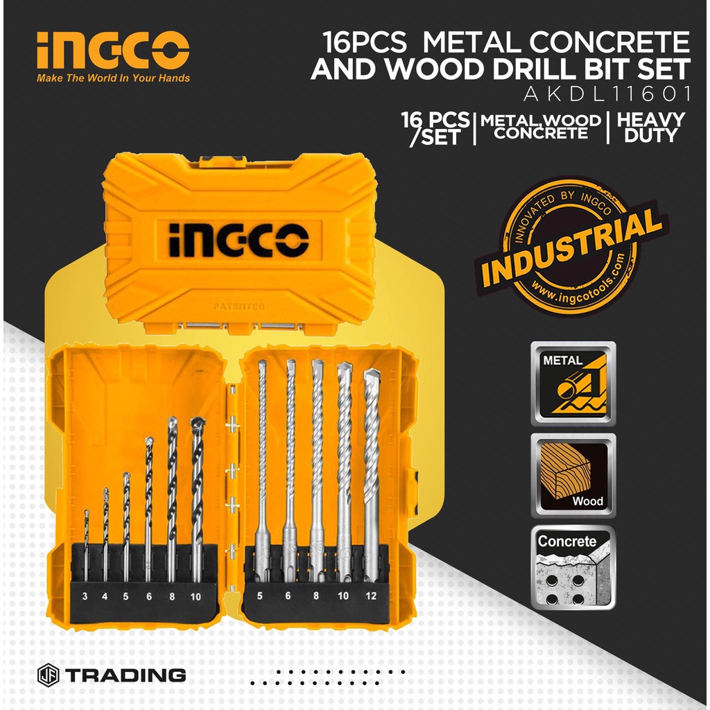 INGCO Industrial 16 pcs / Set Metal Concrete And Wood Drill Bit Set ...