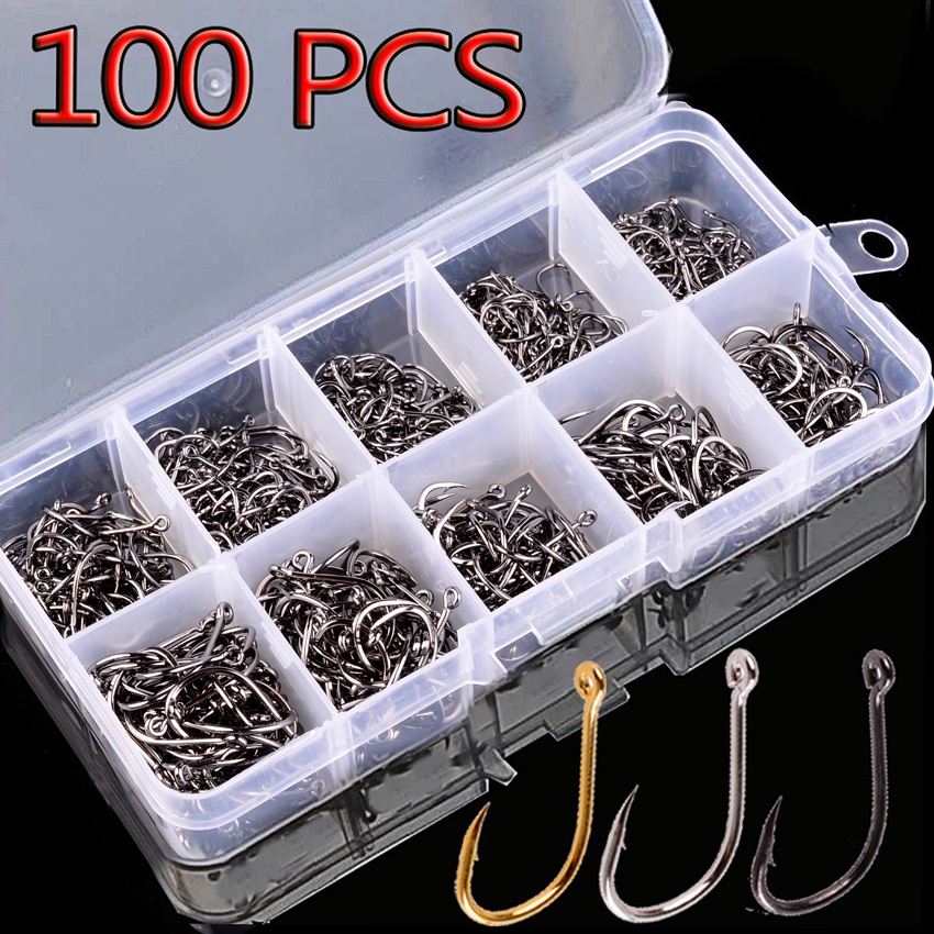 100Pcs Fishing Hooks Set Carbon Steel Single Circle Fishing Hook Fly ...