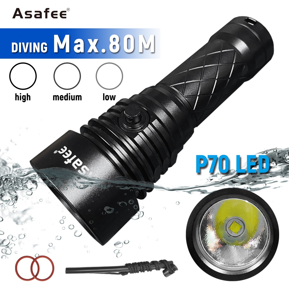 Asafee A19S 2500LM Diving Flashlight P70 Flashlight Rechargeable ...