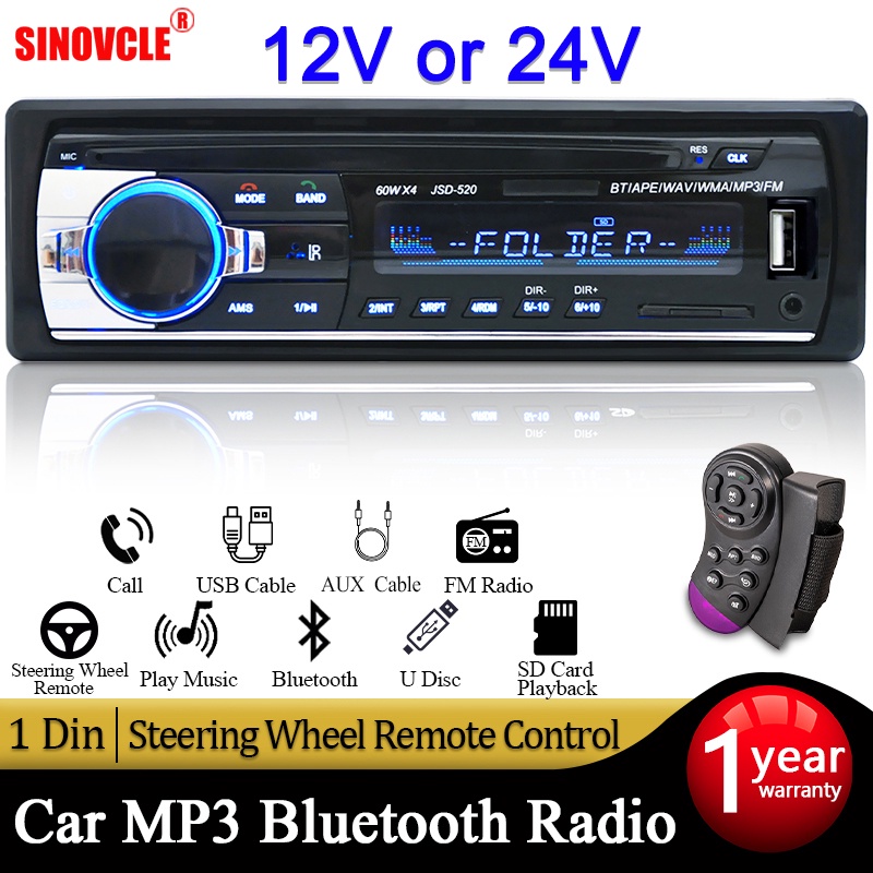 1Din Car Radio Stereo 12V 24V with Bluetooth FM Audio Music USB SD Card ...