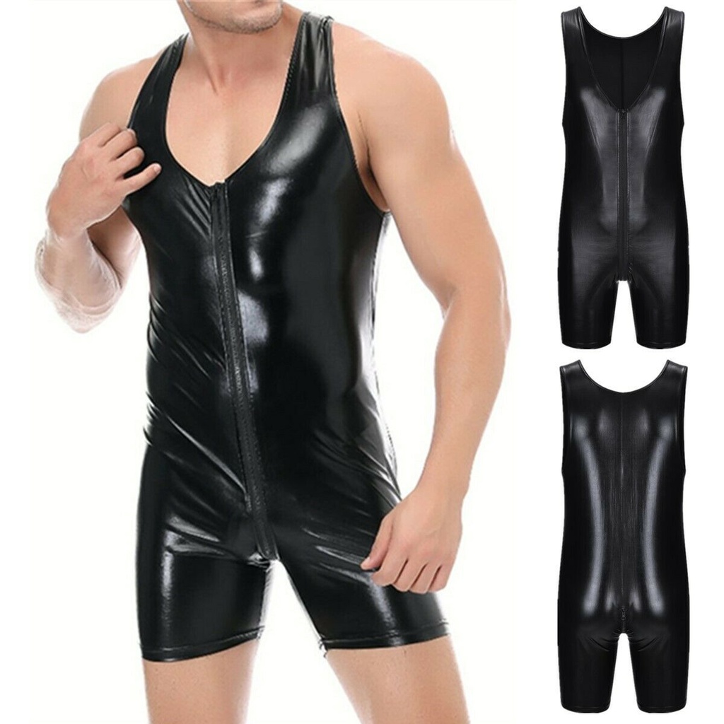 Mens Wet Look Latex Catsuit Faux Leather Mesh Jumpsuits Black Stretch