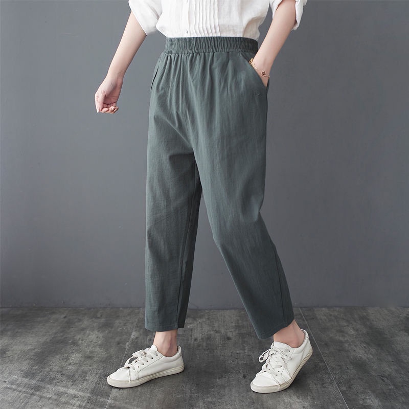 Plus Size Cotton and Linen Pants Women's Retro High Waist Loose Casual ...
