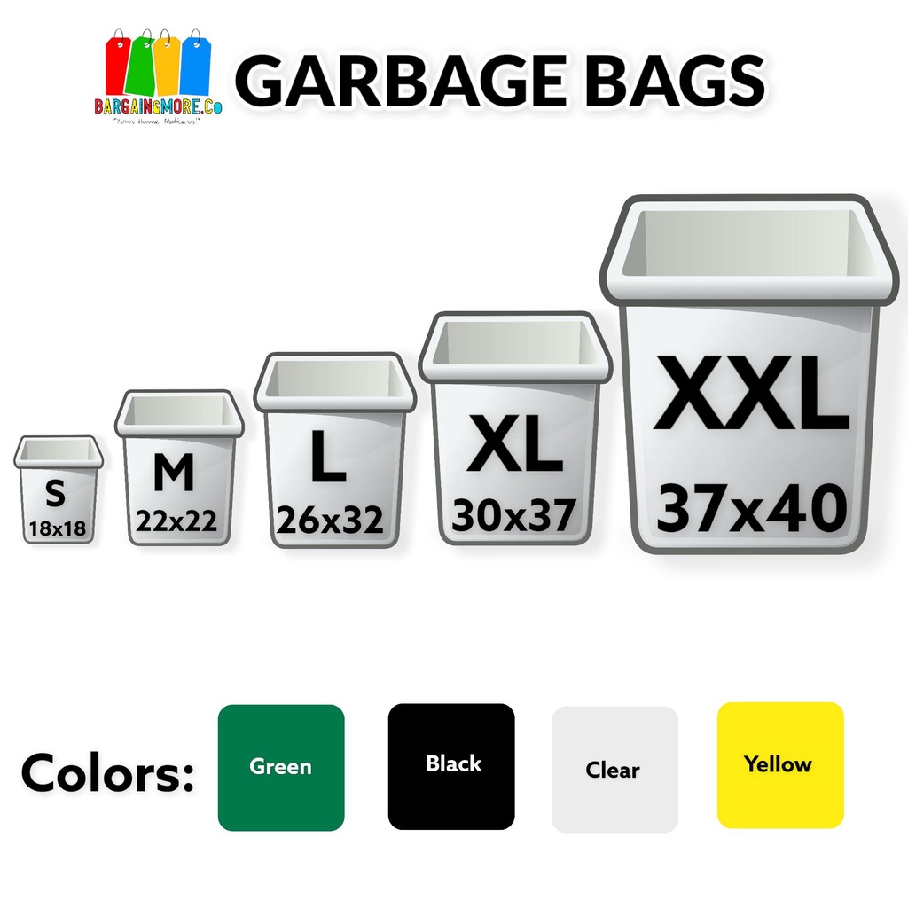 100's/Pack CLEAR, GREEN, BLACK AND YELLOW Trash/Garbage Bags in SMALL ...