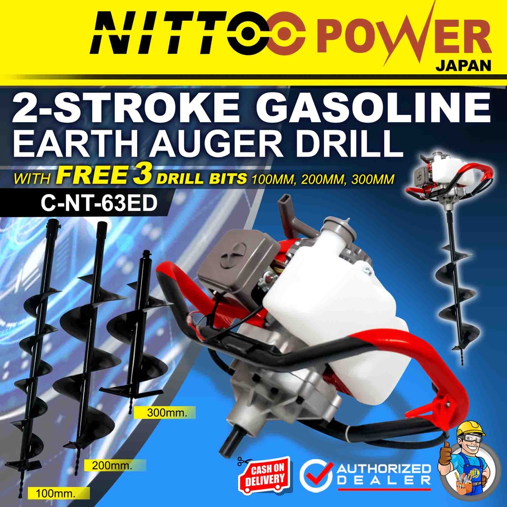 NITTOO Japan 1900W 2-Stroke Gasoline Earth Auger/Earth Drill with FREE 3 Drill Bits (C-NT-63ED ...