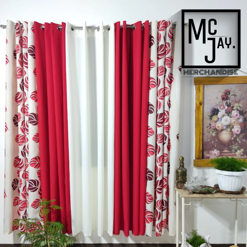 MCJAY - 5in1 Red Monstera Leaves Ring Curtain Set (6ft/7ft) - Sold per ...