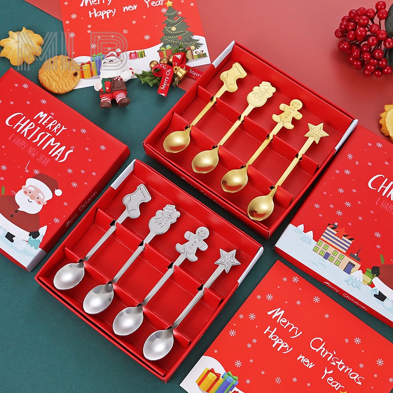4PCS Stainless Steel Christmas Spoon Gift Set Dessert Spoon Fork Coffee ...