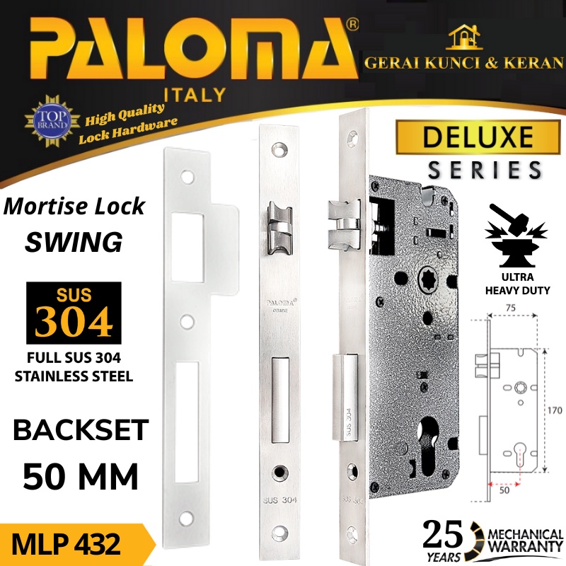 Paloma SWING DOOR LOCK BODY MLP 432 STAINLESS DELUXE 50 MM MORTISE LOCK ...