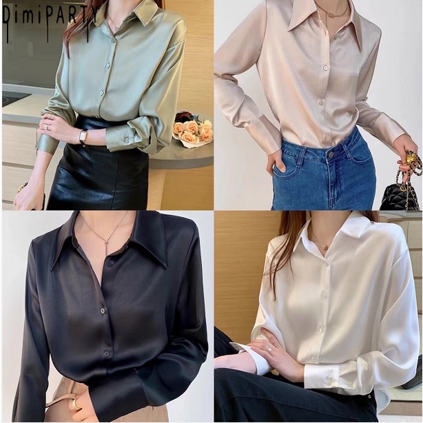 【STOCK+COD】 Women Blouse Long Sleeve Satin Solid Color Top Women's ...