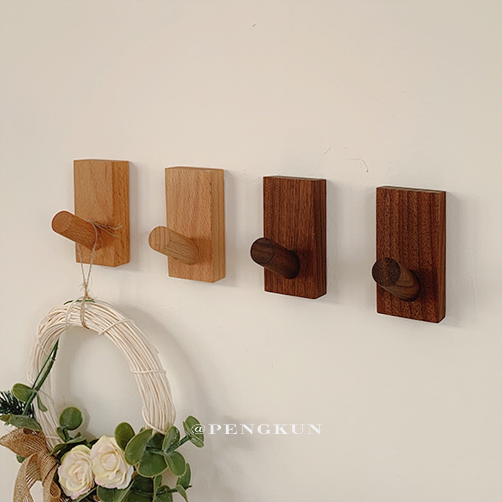 ins simple solid wood hook nail free hook retro wall restaurant wall ...