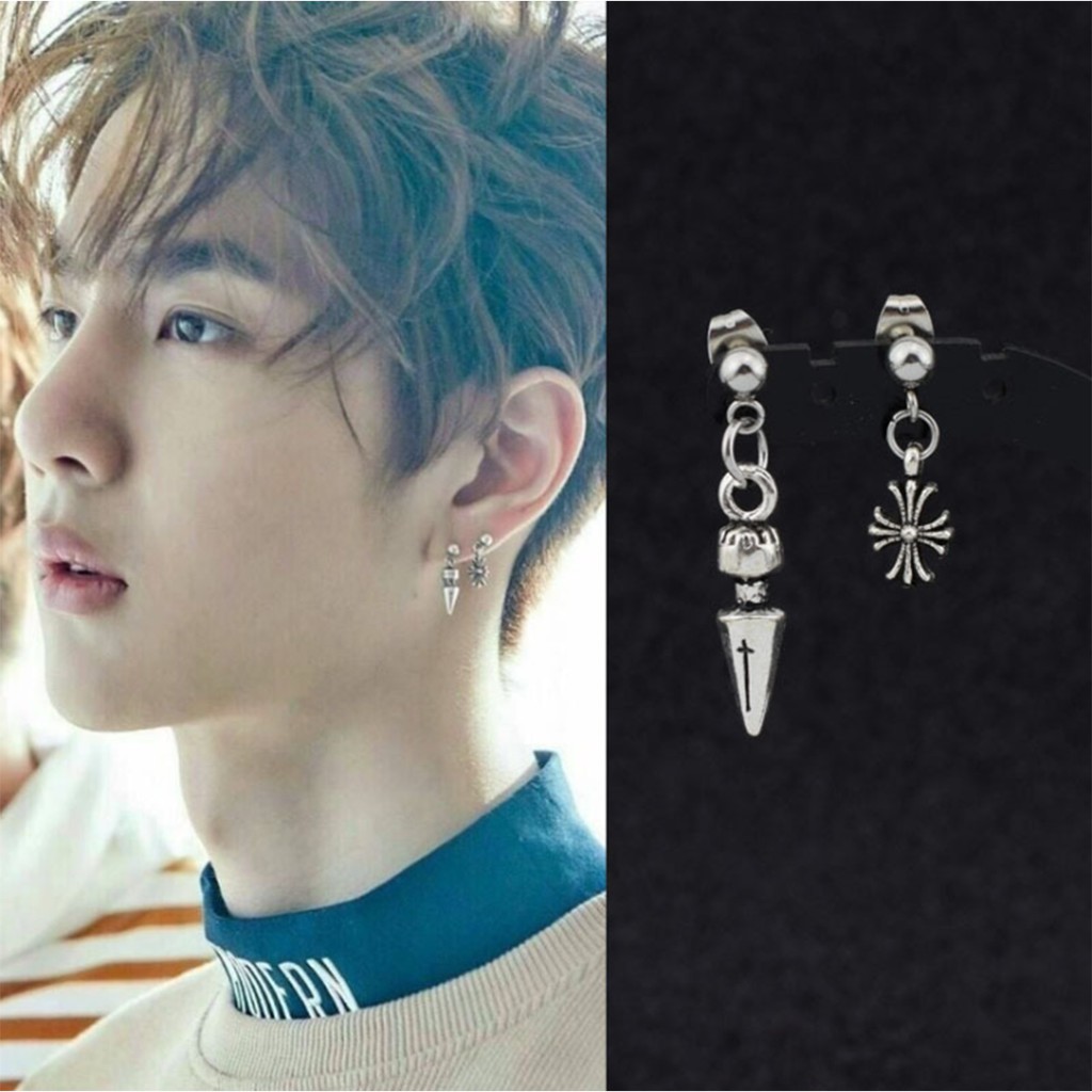 1pc Retro Cross Single Earring Stud Kpop Wang YIBO Earrings Gothic Punk ...