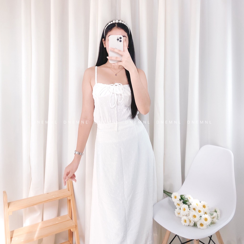 DNEMNLPH Ria String Tie Top & Highwaist Long Skirt Set (Smocked Korean ...