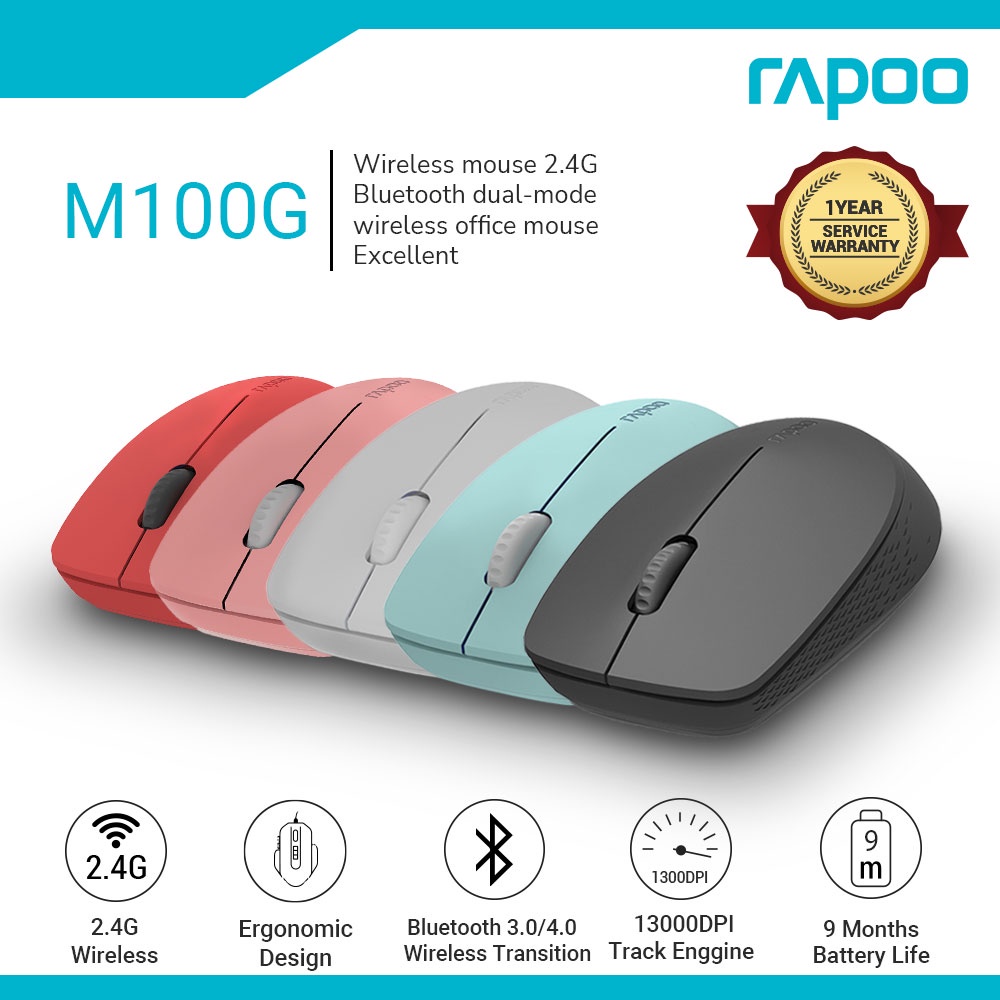 Rapoo M100G Bluetooth Mouse Wireless Slient Mouse for Laptop 1300DPI 2 ...