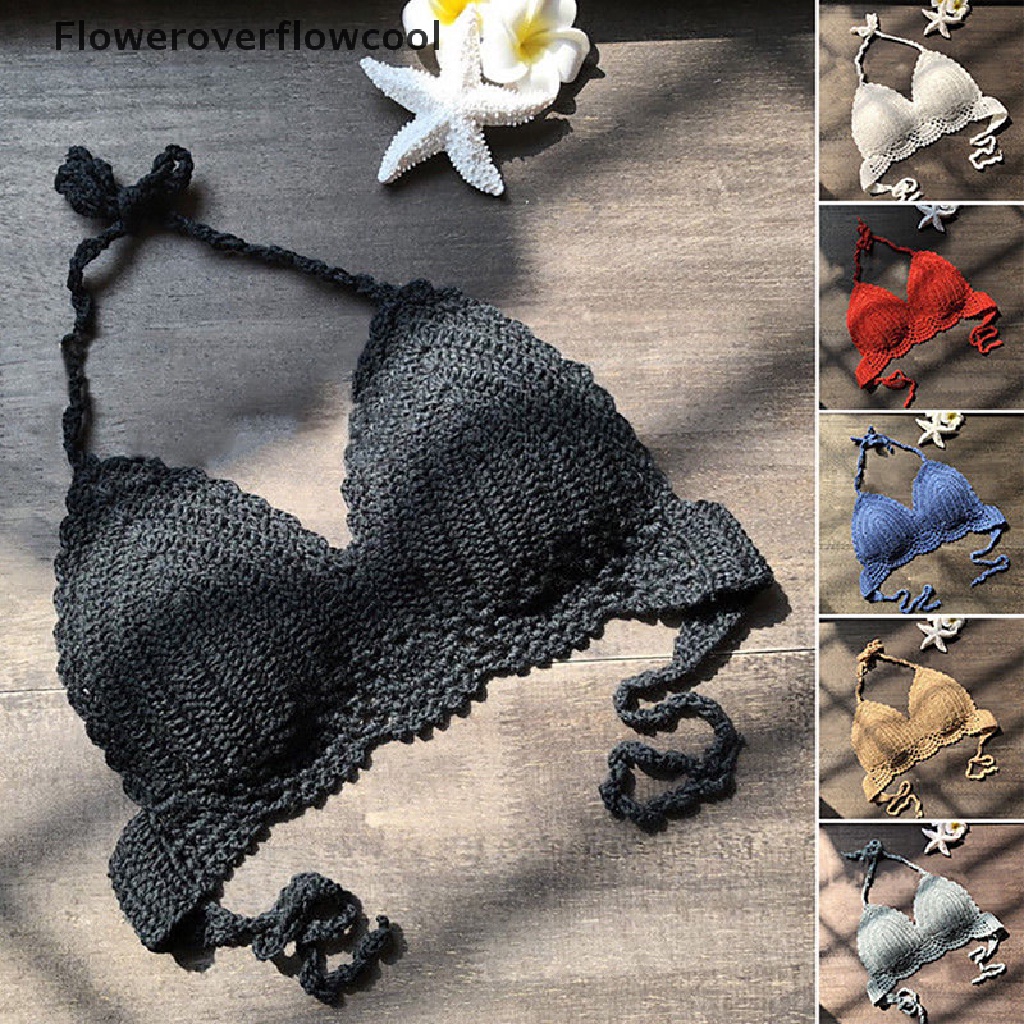 Fcph Women Bikini Crop Top Crochet Boho Bralette Halter Cami Knitted