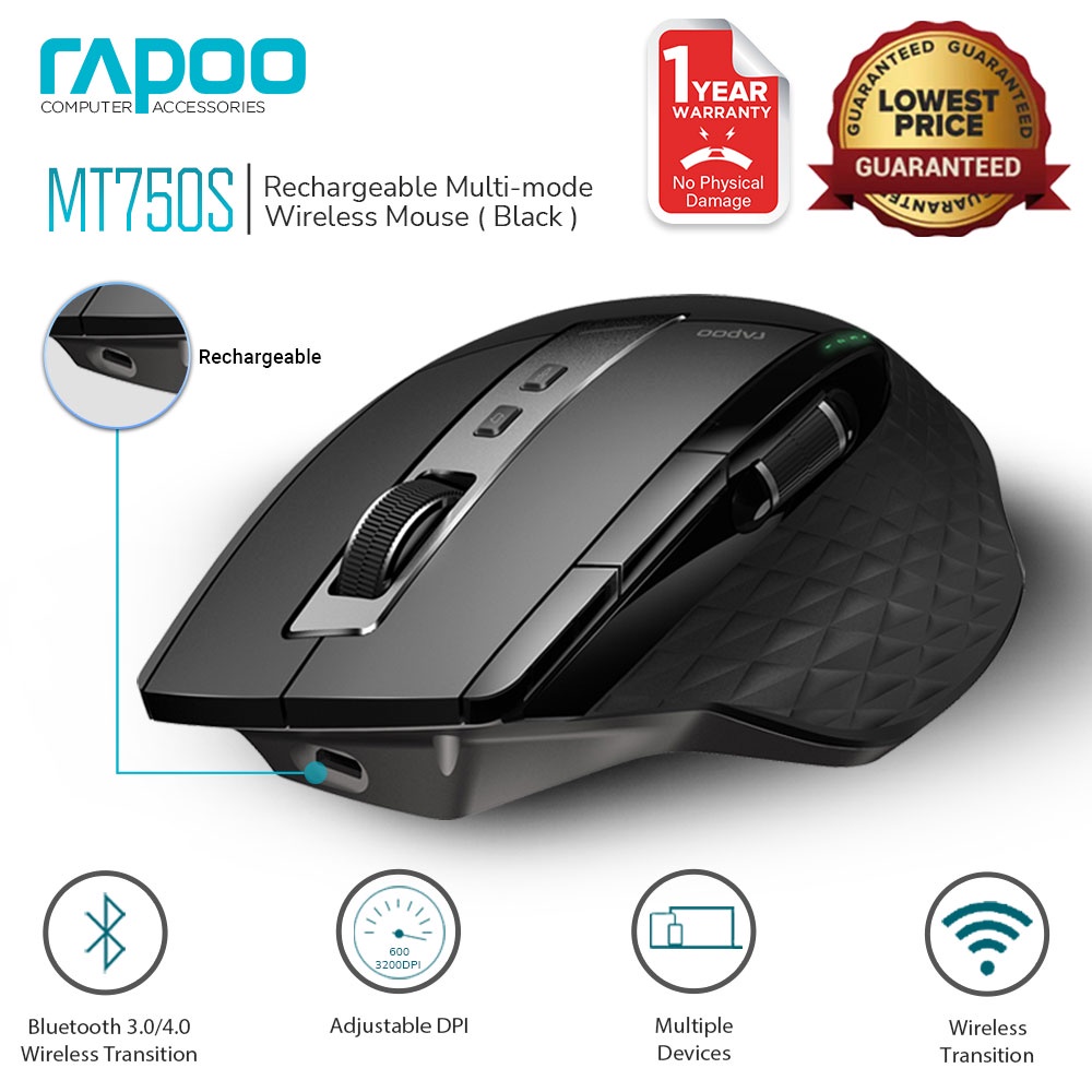 Rapoo MT750S 3200DPI Multi-Mode Wireless Mouse Rechargeable Bluetooth 2.4G up to 4 Devices for ...