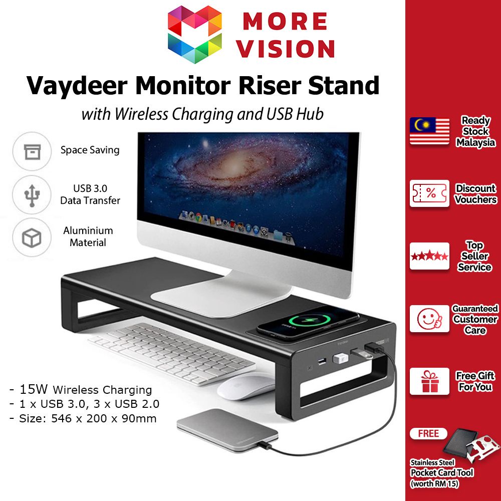 VAYDEER Monitor Stand Aluminum with Fast Wireless Charging USB 3.0 Hub ...