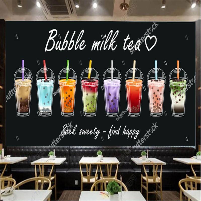 Modern custom pearl multi-flavor milk tea shop wallpaper industrial ...