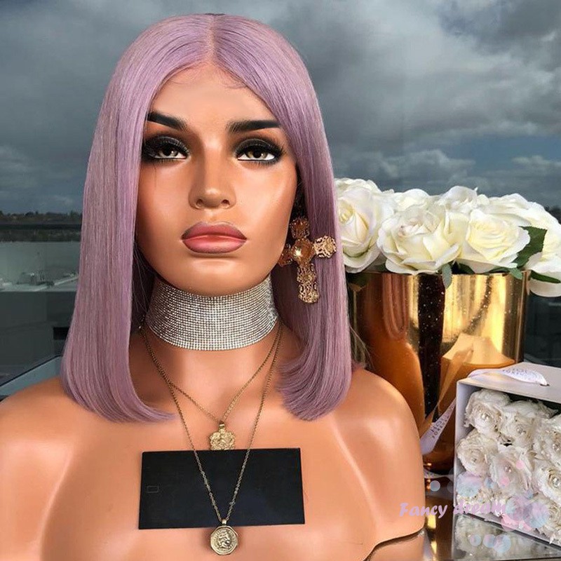 ღFD Women Bob Style Straight Hair Wig Synthetic Violet Purple Hair Heat ...