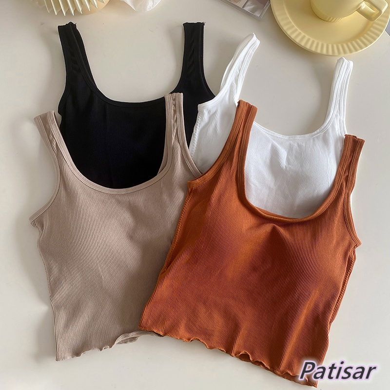 [Spots Goods]U Neck Backless Crop Top Padded Women's Camisole knitted ...
