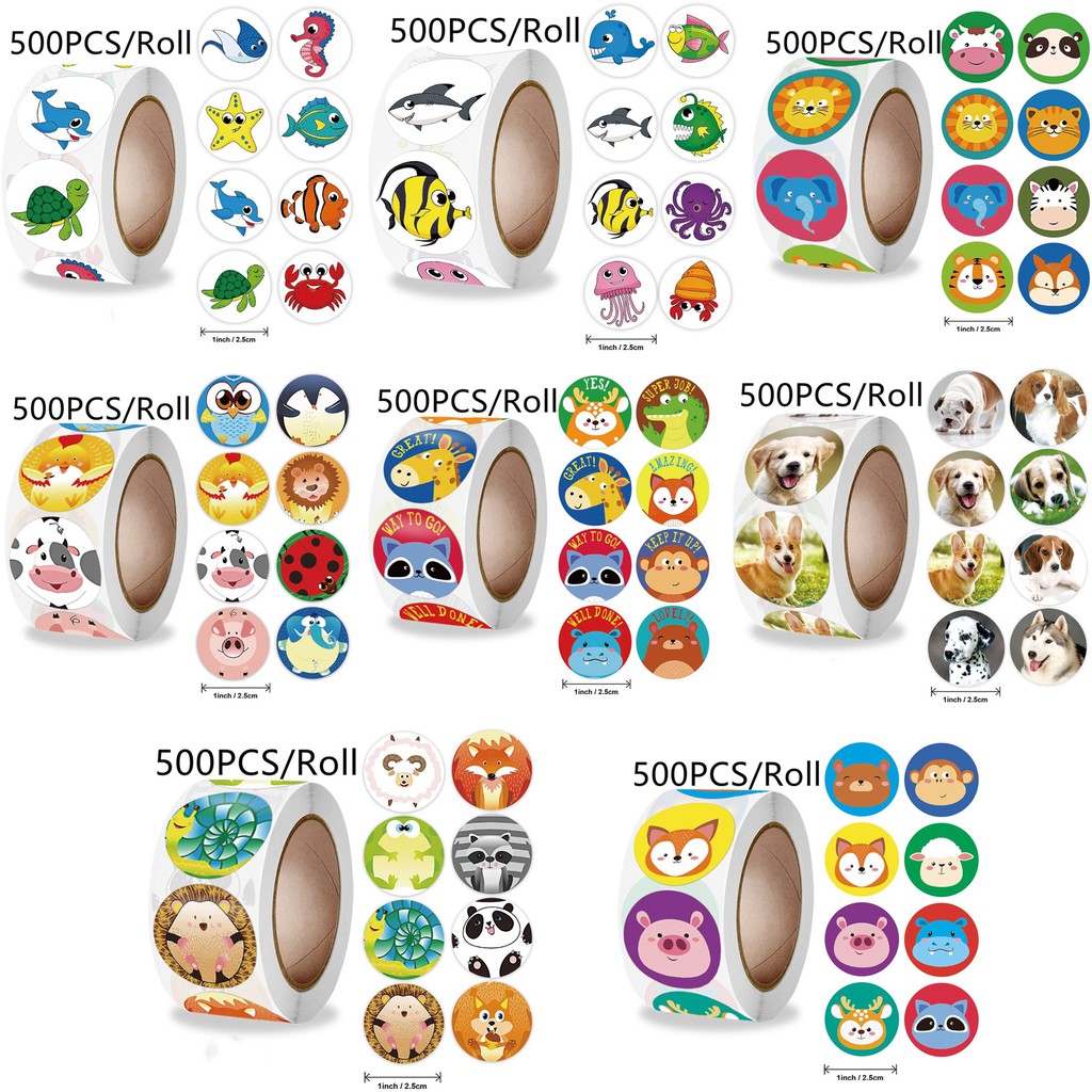1Inch 500 pcs/Roll zoo Animals cartoon Stickers for kids classic toys ...