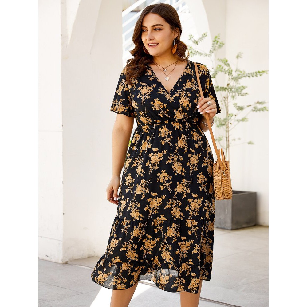 Y386 PLUS CHIC Floral Surplice Neck Garter Waist Plus Size Dress ...